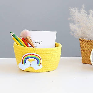 Set of 2 Small Woven Storage Baskets for Organizing,Small Cotton Rope Baskets Decorative Small Round Storage Bins for Desk Kids Socks Toys and Gifts (Yellow)