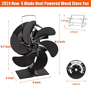Heat Powered Wood Stove Fan, 6-Blade Wood Stove Fan for Wood Durning/Pellet/Log Burer Stoves,Thermometer, Christmas Gift,Camping Outdoor Indoor.