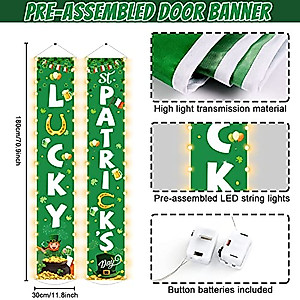 St Patrick's Day Front Door Banners Lighted Irish Shamrock Porch Sign with LED Light Decorations Lucky Door Sign Shamrock Hanging Banner for St Patrick's Day Spring Party Indoor Outside Lighted Decor