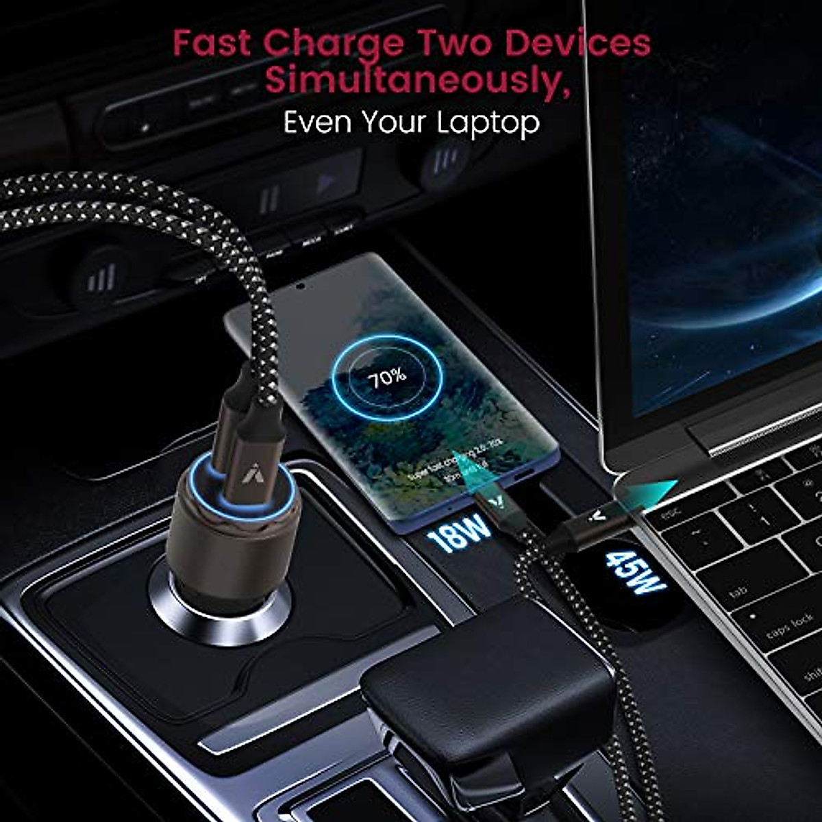 VELOGK Super Fast Type C Car Charger [73W Turbo], Metal Adaptive 55W 45W PPS/PD&QC3.0 USB C Car Adapter[Super Fast Charging 2.0]for Samsung S23 Ultra/S22+/S21/S20/Note 20/10 Plus,iPad Pro/Air,Macbook