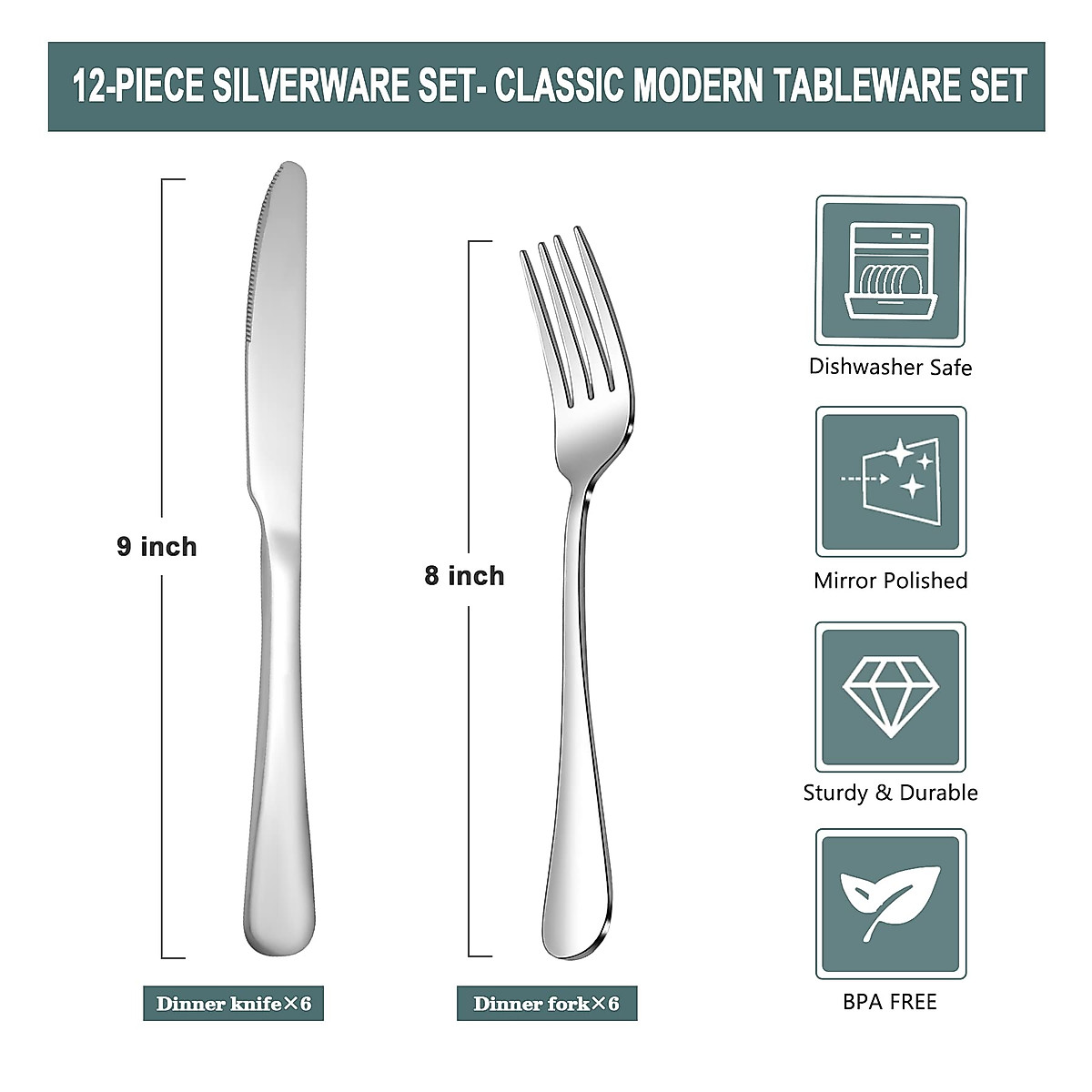 SANTUO 12 Piece Silverware Set with 6 Dinner Knives and 6 Dinner Forks,Flatware Set with Top Food Grade Stainless Steel,Tableware Cutlery Set For Home Restaurant Hotel, Mirror Finish, Dishwasher Safe