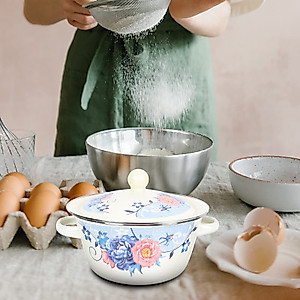 Enamels Stock Pot Double Handle Enamel Stockpot with Cover Storage Basin Flower Enamel on Steel Stock Pot with Lid Large Enamels Stockpot, 9. 82X7. 86X5. 89inch