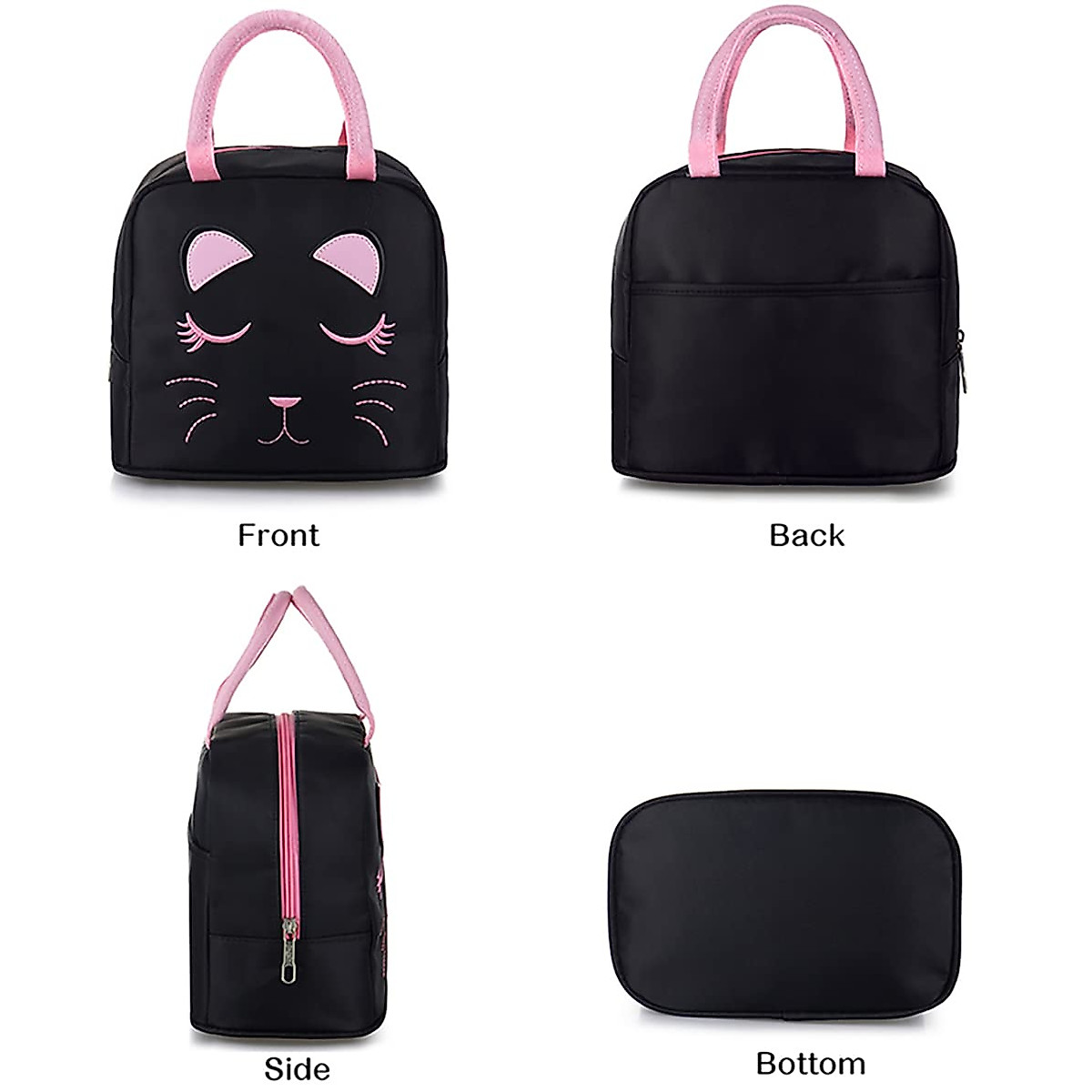 FEWOFJ Portable Insulated Lunch Bag for Kids Girls Cute Reusable Lunch Box for School Picnic Leakproof Lunch Tote Handbag(Black)