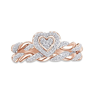 Wishrocks 1/5 Carat Round Cut White Natural Diamond Heart Shape Frame Twist Bridal Ring Set in 14k Rose Gold Over Sterling Silver (0.20 Cttw, Color- I-J, Clarity- I2) Ring Size- 8.5