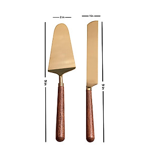 nestroots Cake Cutting Knife Server Serrated Knife Set Of 2 Dessert Server Gold With Mango Wood Handle