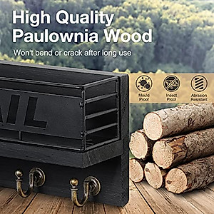 rorecay Key and Mail Holder for Wall: Easy Install Rustic Key Hooks for Wall with Measured Template, Wooden Key Rack with Metal Mail Slot for House Entryway Decor, Black