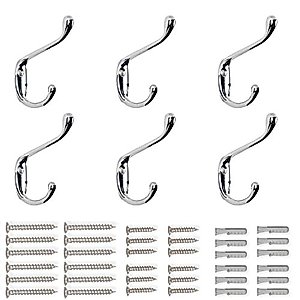 brightmaison 6 Pack Heavy Duty Dual 3.5inch Coat Hooks Wall Mounted with 24 Screws Retro Double Hooks Utility Black Hooks for Coat, Scarf, Bag, Towel, Key, Cap, Cup, Hat (Chrome)