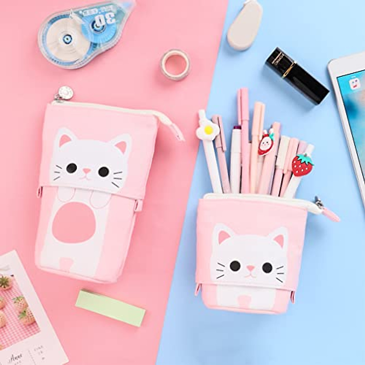 iSuperb Cute Pencil Case Standing Pen Holder Cat Pencil Bag Cartoon Pen Box Kawaii Pencil Pouch Big Makeup Cosmetics Bag with Zipper for Office Organizer Travel Storage Women Men