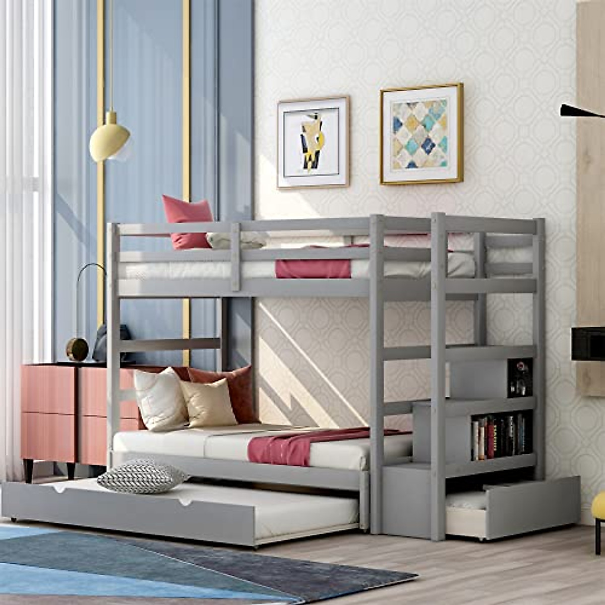 Twin Over Twin/King Bunk Beds with Trundle, New Version Wooden Bunk Beds with Storage Drawers and Stairs, Extendable Pull-Out Bunk Bed, Convertible to Twin Over King Bunk Beds (New, Grey)