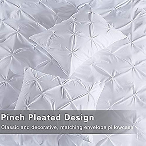 Litanika White Queen Pinch Pleat Duvet Cover, 3 Pieces Pintuck Cover Soft Microfiber Bedding Set with Zipper Closure & Corner Ties(90x90Inch-1 Duvet Cover, 2 Pillowcases)