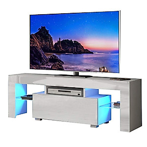 MTFY Modern TV Stand with LED Light, Entertainment TV Stand Cabinet with Single Drawer, Television Table Center Furniture for Living Room Bedroom, for 52'' TV, White