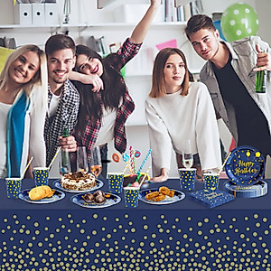 Kederwa Navy Blue and Gold Happy Birthday Plates and Napkin Party Supplies, 20 Guest Birthday Paper Plates and Cup Napkin Straws for Blue and Gold Party Tableware