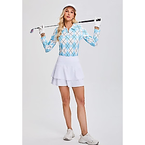 Women Long Sleeve Moisture Wicking Sport Golf Polo Shirt Tops（Blue Plaid,S