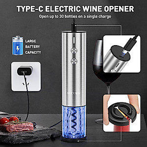 Secura Stainless Steel Electric Wine Opener, Rechargeable Automatic Home Wine Bottle Opener with Foil Cutter & Charging Cable, Reusable Corkscrew Wine Opener Electric for Wine Lovers, Silver