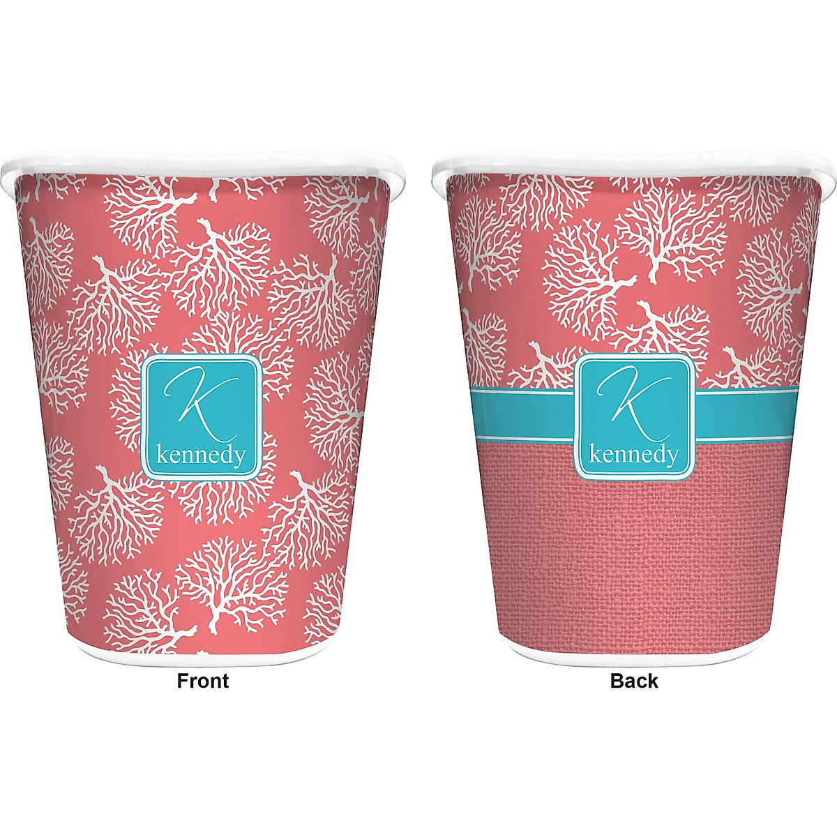RNK Shops Personalized Coral & Teal Waste Basket - Double Sided (White)