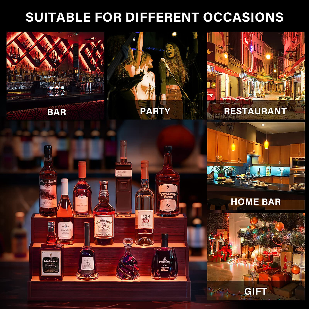 Cubehom LED Lighted Liquor Bottle Display Shelf, 24 Inch Bar Display Shelf with App & Remote Control 3 Tier for Home Bar, Party, Walnut