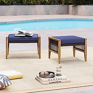 HAPPYGRILL 2 Pieces Outdoor Patio Ottomans, Acacia Wood Outdoor Footstools with Removable Cushions, Multifunctional Outdoor Wicker Footrest, Additional Sating, Navy