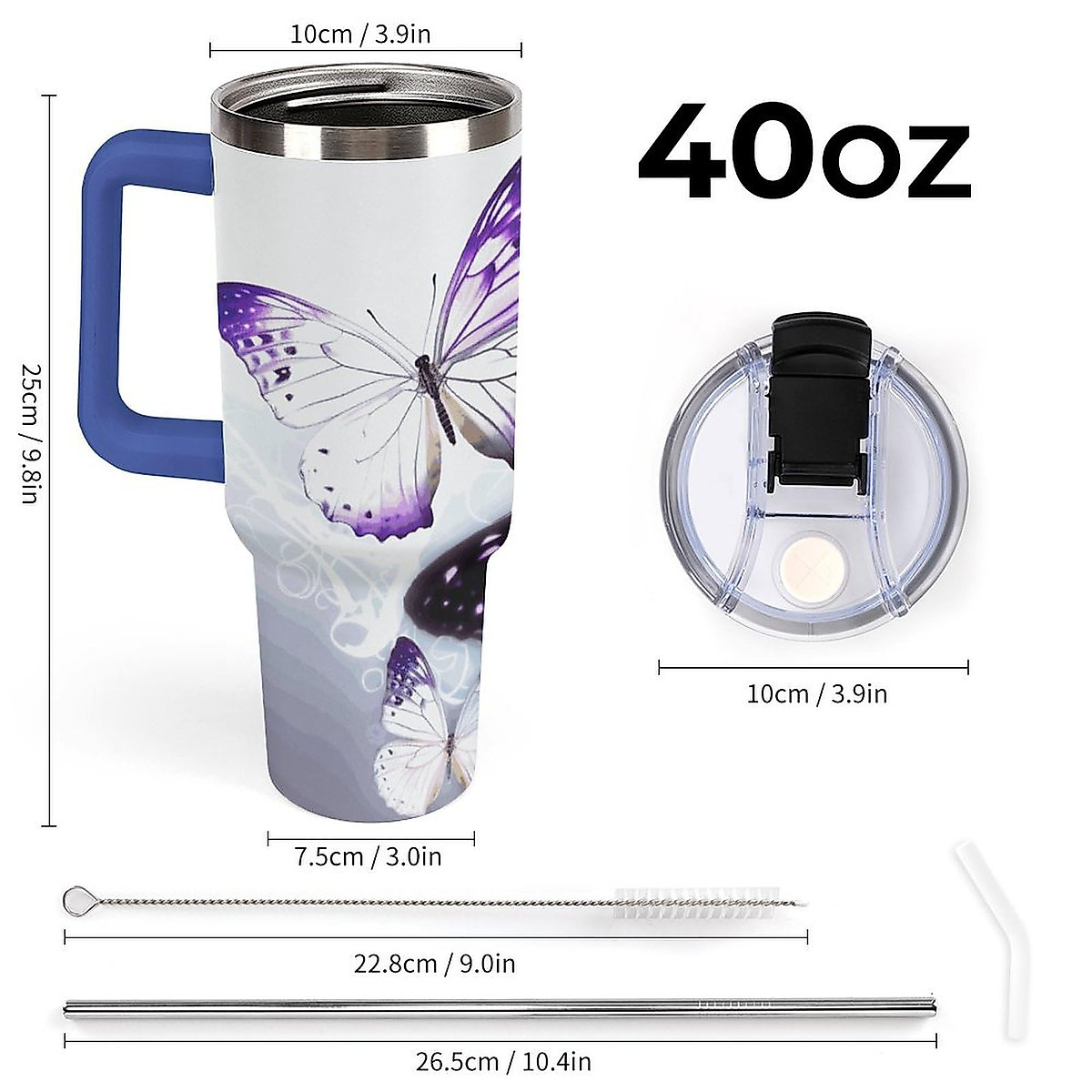 40 Oz Vacuum Tumbler with Deep Blue Handle Leakproof Insulated Tumbler White Purple Butterflies Stainless Steel Travel Mug with Lid And Straw Coffee Cup Cute Water Bottles Cup Holder Friendly