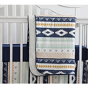 Baby Boy Crib Bedding Arizona Woodland Tribal Aztec Buck Nursery Crib Skirt Set Minky Blanket Navy Crib Sheet Crib Rail Bedding Set (Navy Aztec Buck, 3 Pieces Set)