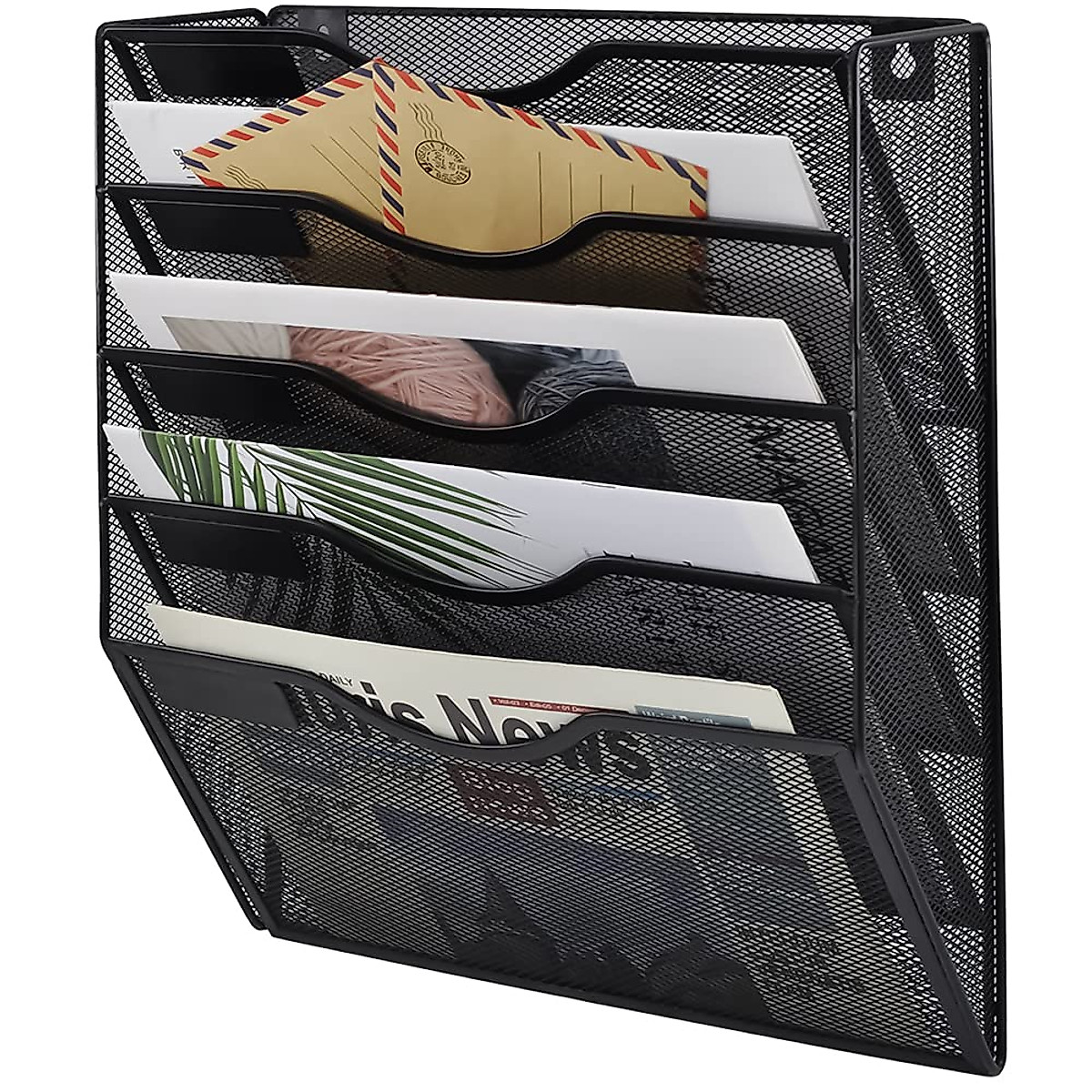COSYAWN 5 Tier Wall File Organizer Hanging paper Folder, Metal Wall Mount File Holder with Label Panel, Black