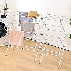 TOOLF Expandable Clothes Drying Rack, Foldable Laundry Drying Rack, 3-Tier Collapsible Clothing Dryer, Adjustable Towel Rack for Air Drying Clothing, Bed Linen, Clothing, Socks, Scarves, White