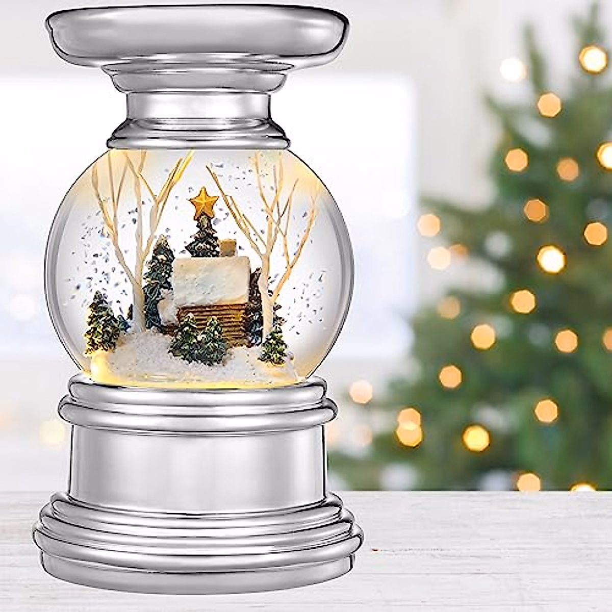 Haute Decor Snowburst 7 Inch Tall Log Cabin Christmas Snow Globe with Candle Holder and Built-in Timer, Warm White LED’s and Pulsing Snow Swirls for Pillar Candles