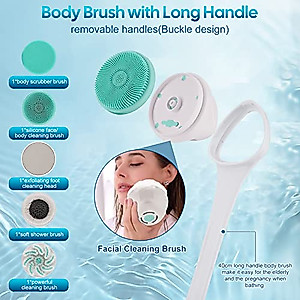 LINGSFIRE Electric Body Bath Brush, Rechargeable Back Brush Long Handle for Shower with 5 Spin Shower Facial Brush Head Waterproof Silicone Body Scrubber Exfoliating Deep Cleansing Brush for Women Men