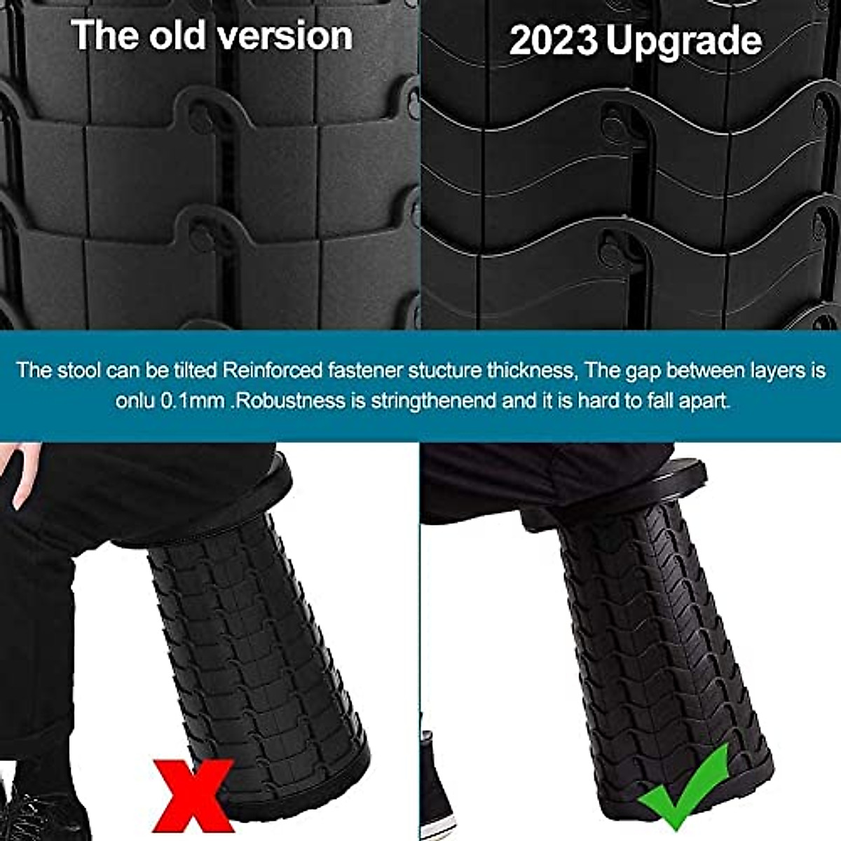 2023 Upgraded-Portable Collapsible Folding Stool, Retractable Telescoping Foldable Camping Stool for Adults for Outdoor Fishing Hiking Gardening Travel BBQ (Black)