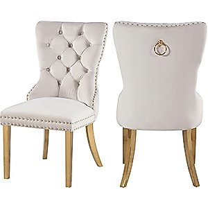 Meridian Furniture Carmen Collection Velvet Upholstered Dining Chair with Sturdy Gold Metal Legs, Set of 2, Cream