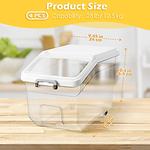 Sunnyray 4 Pcs Rice Storage Container 28 lb Airtight Flour Container with Wheels Measuring Cup Clear Pet Food Cube Dog Birds Cat Food Bin Grain Cereal Organizer Box for Dry Baking Supplies