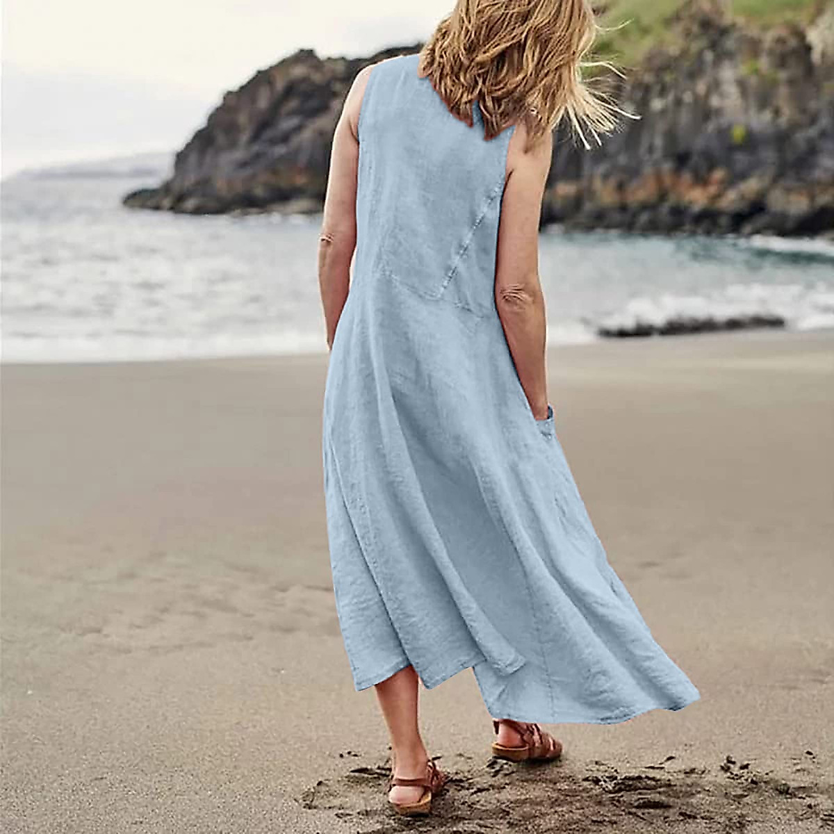 Maxi Dress for Women,2023 Spring Summer Cotton Linen Dress,Ladies Plus Size Boho Beach Flowy Long Dress with Pockets,Casual Trendy Elegant Sleeveless Sundress for Holiday Resort Wear（C-Blue,XXL