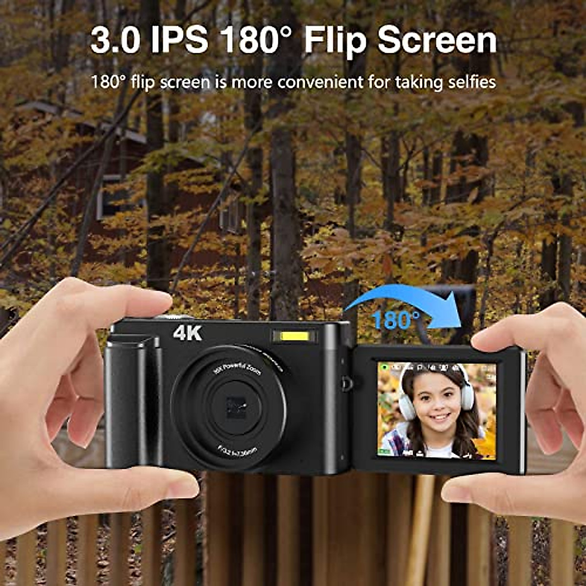 4K Digital Camera 60FPS Auto Focus 48MP Vlogging Video Camera 16X Digital Zoom Camera with 180°Flip Screen Anti-Shake Compact Camera for Beginner 32GB Memory Card