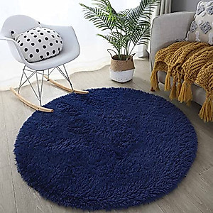 4x4 Navy Blue Fluffy Round Rug for Living Room Luxurious Circle Carpet for Bedroom Shaggy Plush Soft Grey Round Rug Home Decoration Carpets (4x4, Navy Blue)