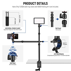NEEWER Tabletop Overhead Camera Mount Stand with 2 Section Telescopic Extension Arm, Phone Holder, Ball Heads, Screw Adapters, Desk Light Stand for Camera, Phone, Webcam, Ring Light, TL253A+DS001