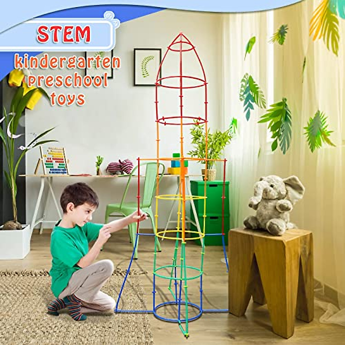 Creative Straw Toys 450Pcs STEM Building Toys Aged for 3 4 5 6 7+ Preschool Kids Constructor Toy Thin Tube Toy DIY Educational Toy Interlocking Plastic Engineering Toys Kit for Boys and Girls Gift
