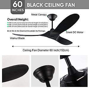 YZEENM 60 Inch Black Ceiling Fan Without Lights, Indoor Outdoor Ceiling Fans for Patios with Remote Control, 6 Speed Reversible Silent DC Motor, Modern Farmhouse 3 Blades Wood Ceiling Fan No Light