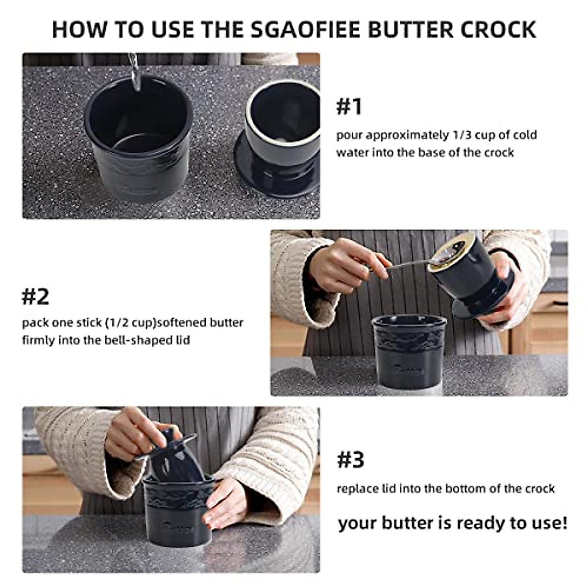 SGAOFIEE Porcelain Butter Crock, Butter Keeper Dish, French Ceramic Crock with Lid, Countertop French Ceramic Butter Dish Keeper for Spreadable Butter, Navy