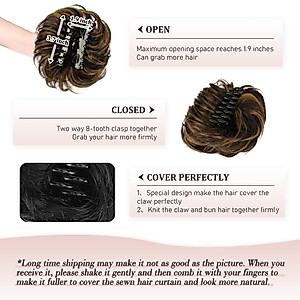 RUWISS Claw Clip Messy Bun Hair Piece Real Human Hair Buns Wavy Curly Chignon Hair Bun Extensions Tousled Updo Hair Buns Claw Clip Ponytail Hairpieces (Dark Brown with Golden Blonde)