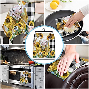 Chees D Zone Kitchen Towels Cotton Dish Towel,Farm Animals Cute Cow Country Yellow Sunflower Green Plants Soft Dishcloth Absorbent Tea Towel,Retro Black Plaid Reusable Washable Hand Towels 3 Pack