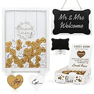 Yeghujar Wedding Guest Book Alternative, 80Pcs Gold & White Wooden Hearts for Guest Book, Pen Sign Drop Wooden Frame and Blackboard, Rustic Guest Book Alternative Wedding Signs Reception Decorations