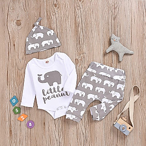 Aruzig Newborn Baby Boys Elephant Clothes Set Long Sleeve Romper Bodysuit Pants Hat 3Pcs Outfit (Long Sleeve Elephant, 0-3 Months)