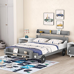 CITYLIGHT Full Size Car Beds for Boys, Full Bed Frame with with Storage Shelf, Wooden Kids Car Full Bed for Boys with Wheels for Child's Bedroom,Grey