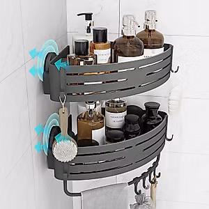 JIPORIER Corner Shower Caddy Suction Cup with 8 Hooks & 1 Towel Bar, 2 Pack Shower Shelves for Inside Shower, NO-Drilling Shower Organizer, Rustproof Shower Caddies Storage
