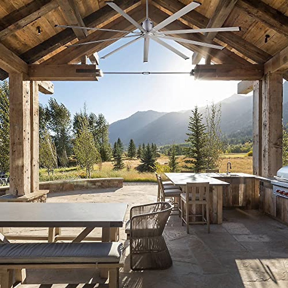 BiGizmos 84 Inch Industrial DC Motor Ceiling Fan, Damp Rated Indoor or Covered Outdoor Ceiling Fans for Home or Commercial, Porch Patio Warehouse Restaurant, 6-Speed Remote Control