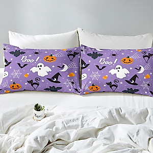 Gothic Spooky Bedding Set Pumpkin Lantern Kawaii Cute Bed Sheets for Kids Boys Teens,Ghost Spiderwebs Fitted Sheet Black Cat Cobwebs Bats Halloween Decoration Twin Size Purple
