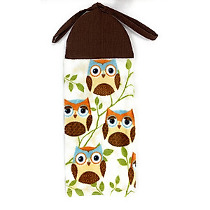 Owls Gift for Owl Lover Brown Tan White Teal Green Reversible Ties On Stays Put Kitchen Bathroom Hanging Loop Hand Dish Towel