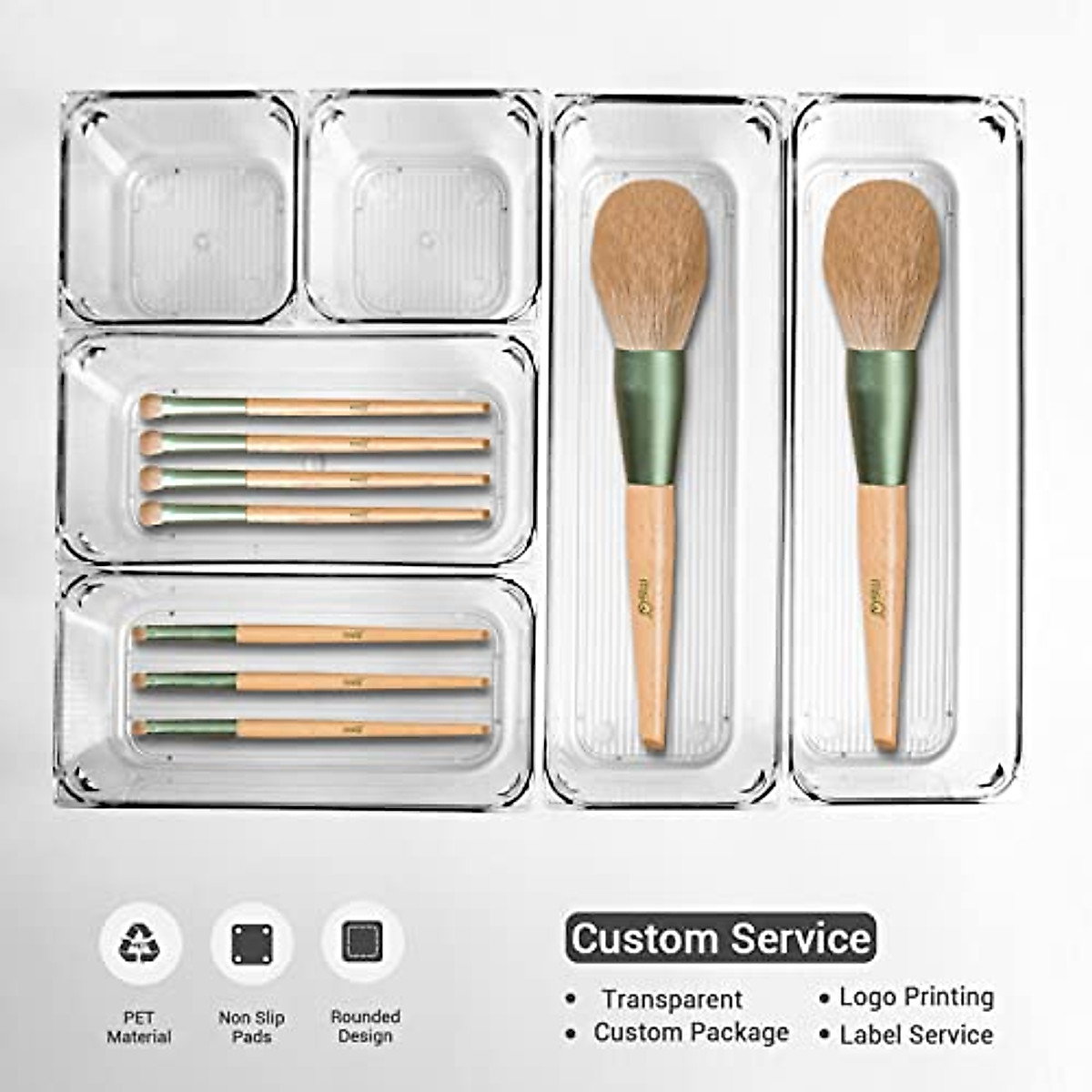 13 Pcs Drawer Organizer Set Clear Plastic Storage Bins Office Desk Drawer Dividers Trays with Non-Slip Silicone Pads, Dresser Separation Box for Makeup, Jewelries and Gadgets, Bedroom, Bathroom