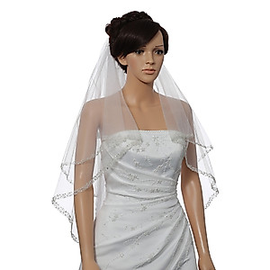 SAMKY 2T 2 Tier Dual Edge Embroided Pearl Crystal Beaded Veil - Light Ivory Fingertip Length 36" V453