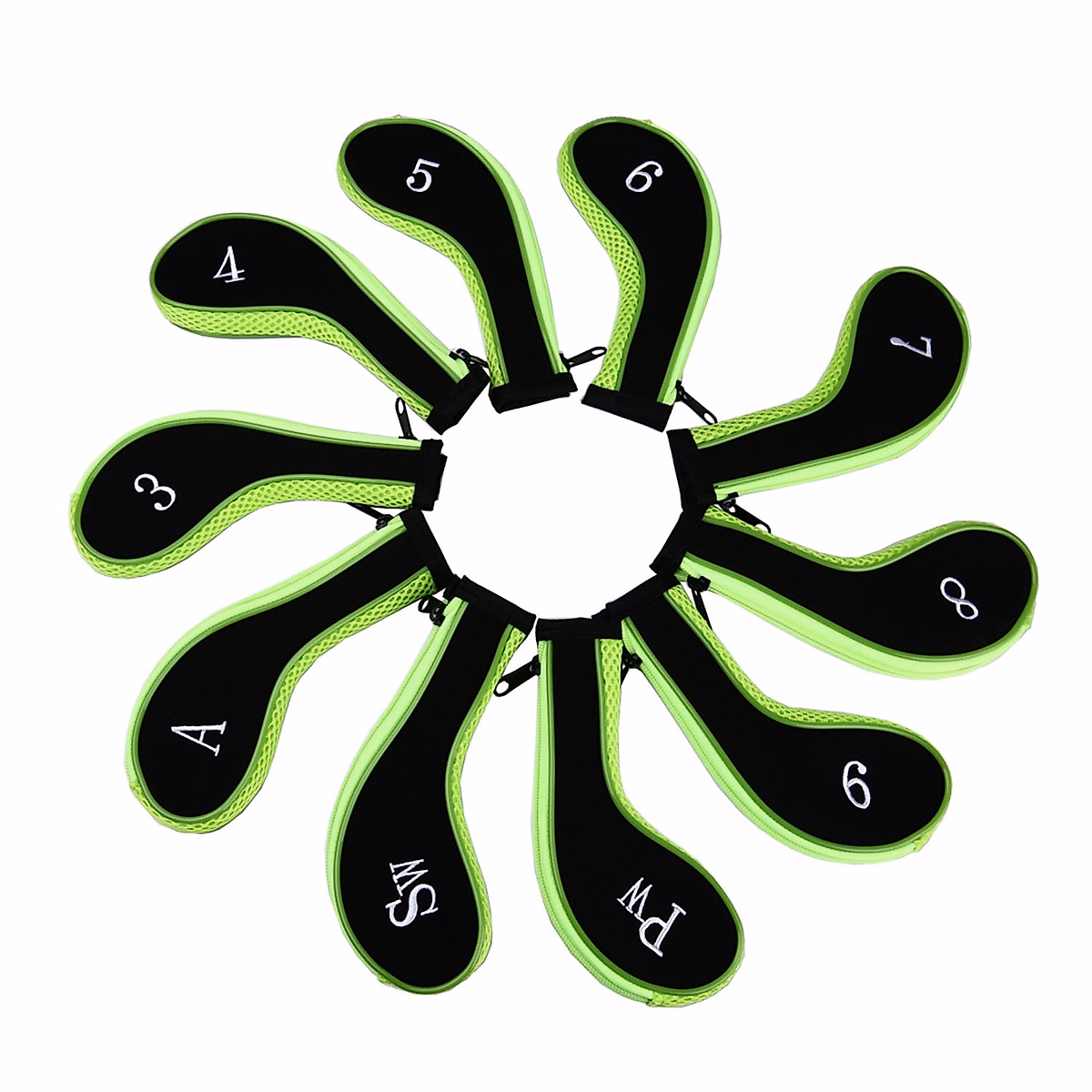 Sword &Shield sports Neoprene Zipper Golf Club Iron Head Covers Iron Covers 10pcs/Set(Green&Black)