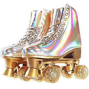 JajaHoho Roller Skates for Women, Holographic High Top PU Leather Rollerskates, Shiny Double-Row Four Wheels Quad Skates for Girls and Age 8-50 Indoor Outdoor (Size 5, Champagne Gold)